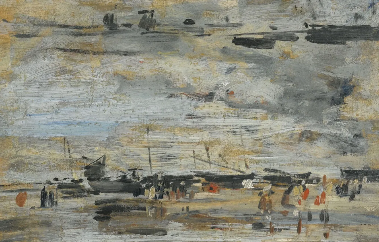 Wallpaper landscape, shore, boat, people, picture, tide, Eugene Boudin ...