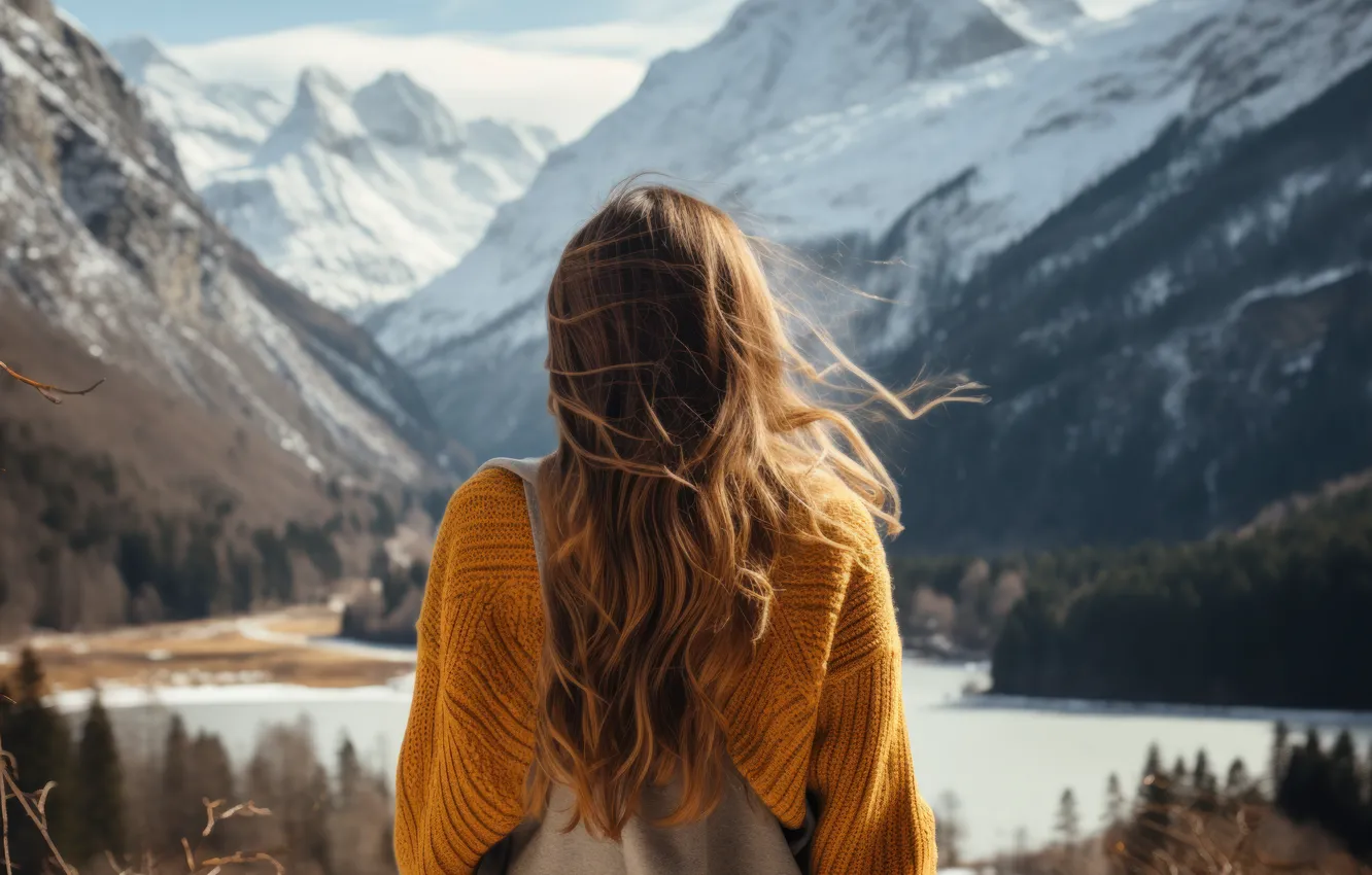 Wallpaper cold, winter, girl, snow, mountains, nature, back, view for ...