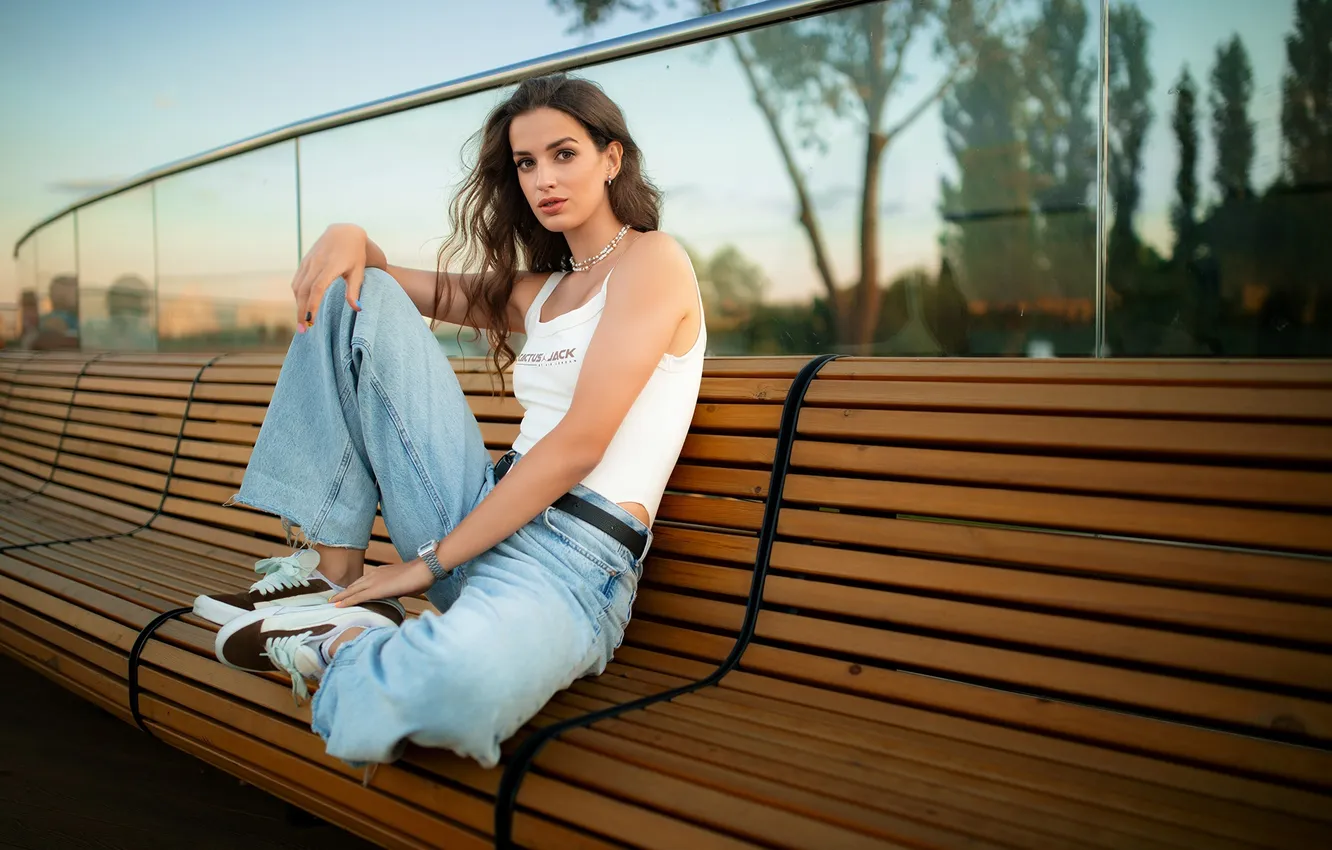 Wallpaper look, girl, bench, pose, feet, jeans, hands, Dmitry Shulgin ...