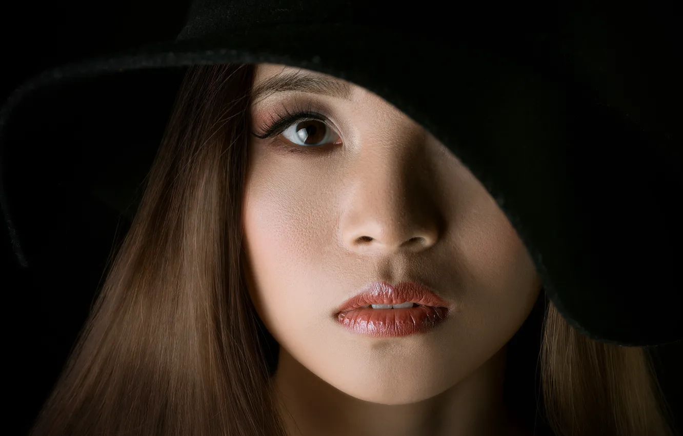 Wallpaper look, face, portrait, hat, makeup, black background, Solas ...