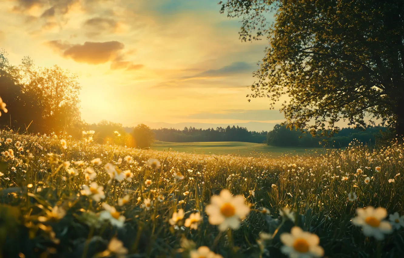 Wallpaper field, forest, the sun, clouds, rays, trees, flowers ...