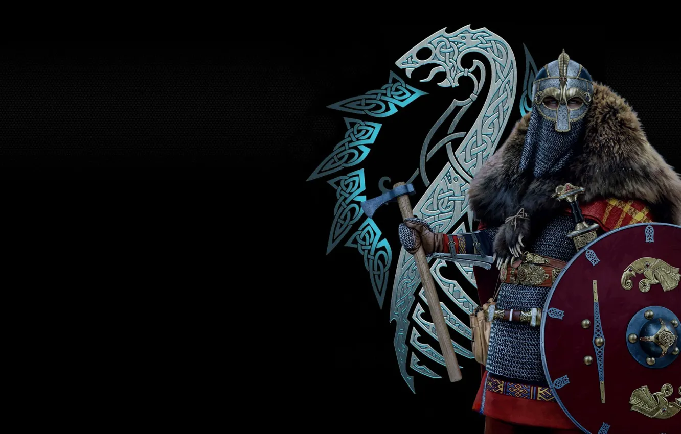 Wallpaper Pattern, Sword, Warrior, Axe, Mail, Black background, Shield ...