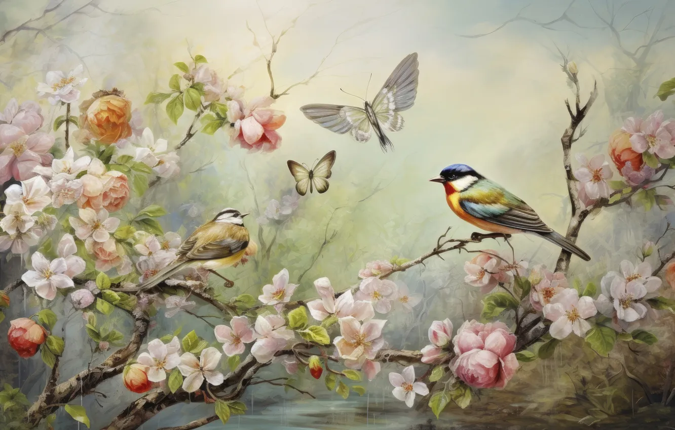 Wallpaper summer, flowers, bird, butterfly, spring, garden, watercolor ...