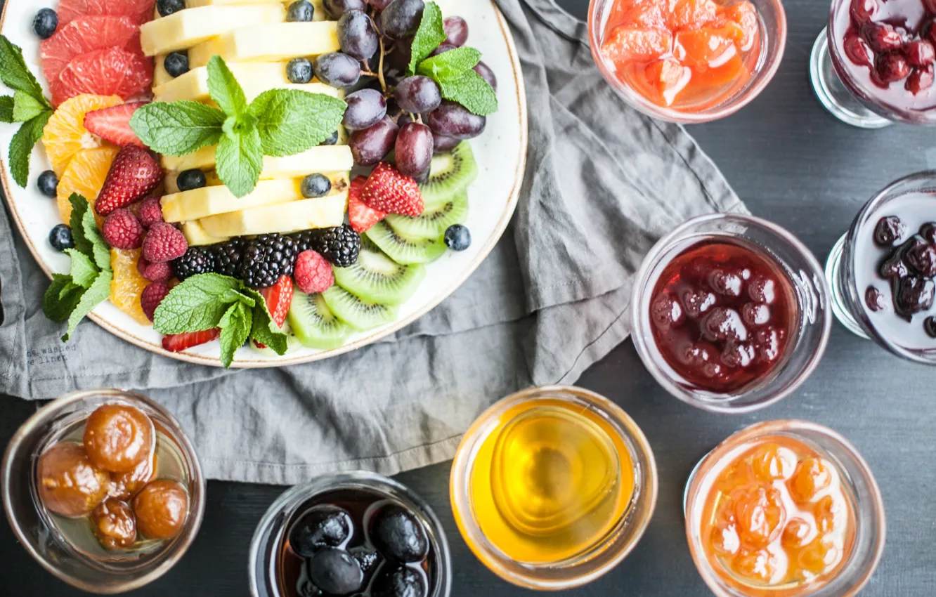 Wallpaper berries, fruit, mint, tablecloth, syrup for mobile and ...