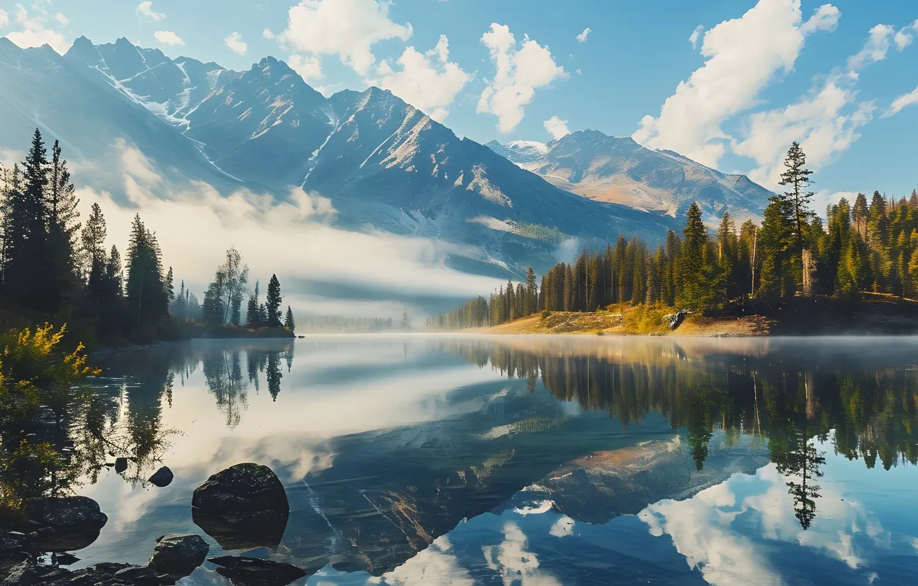 Wallpaper forest, the sky, clouds, landscape, mountains, nature, fog, reflection for mobile and ...