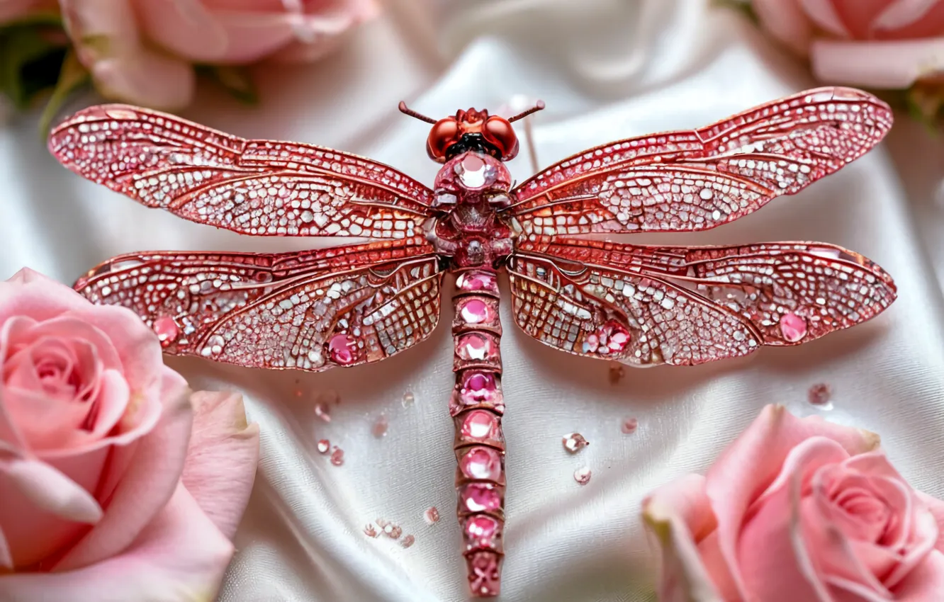 Wallpaper Rose, Dragonfly, Pink rose, AI art for mobile and desktop, section ии арт, resolution ...