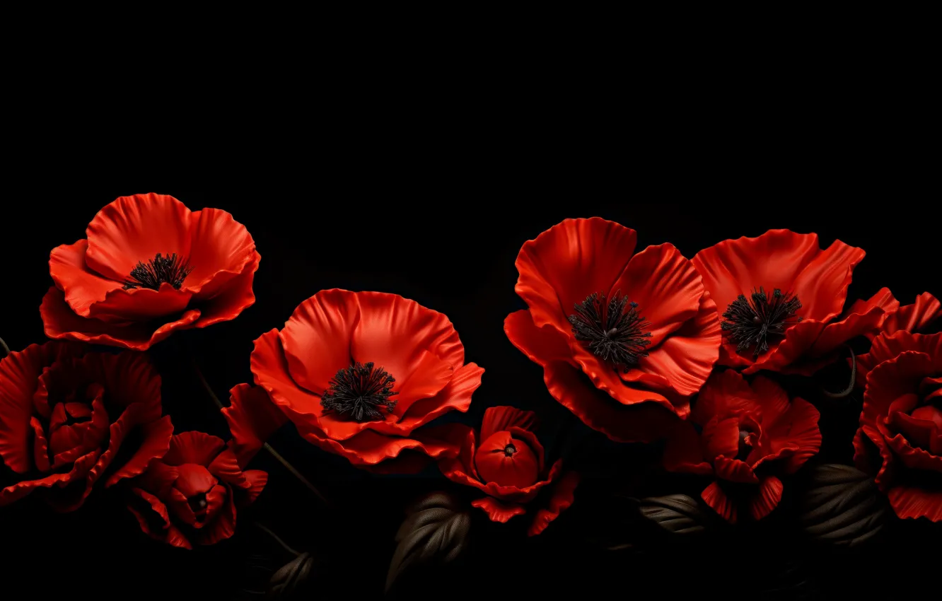 Wallpaper flowers, Maki, red, black background, composition, AI art ...