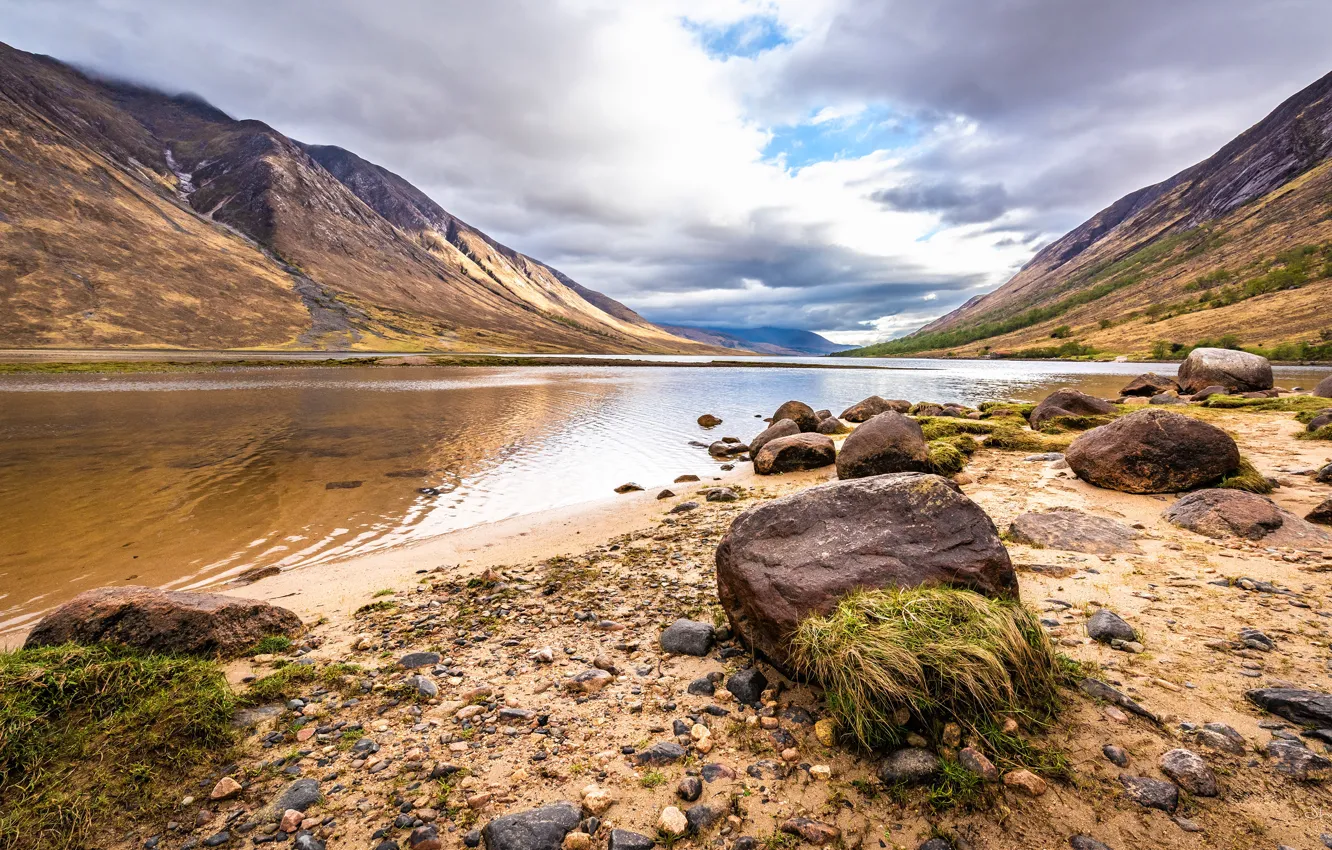 Wallpaper sand, beach, the sky, grass, clouds, mountains, pebbles, lake ...