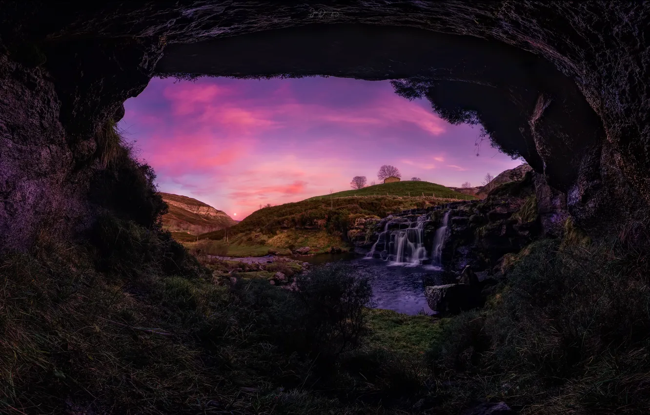 Wallpaper sunset, view, waterfall, cave, the grotto, arch for mobile ...