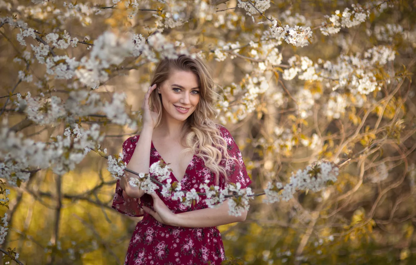 Wallpaper Girl Branches Nature Smile Spring Blonde Flowering