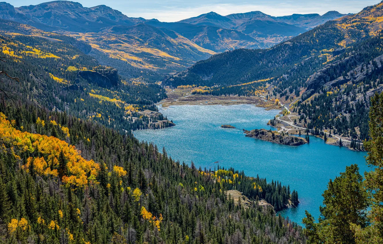 Wallpaper forest, trees, mountains, lake, panorama, USA, the view from ...