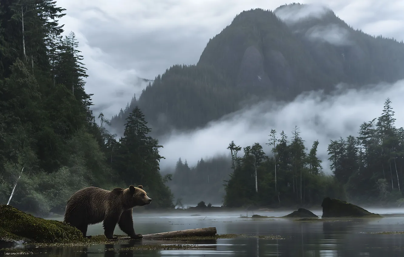 Wallpaper water, trees, mountains, river, predator, bear, brown bear ...