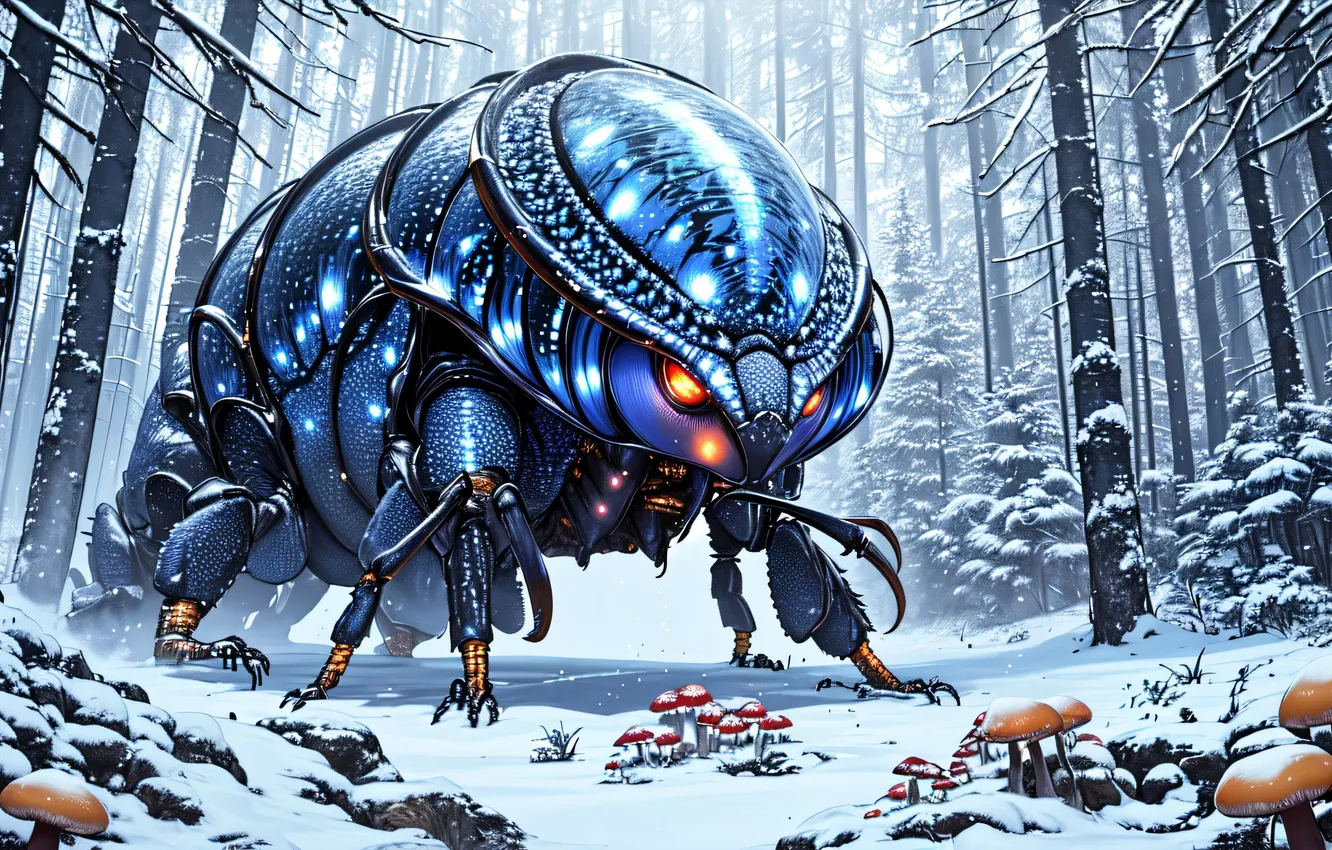 Wallpaper winter, forest, mushrooms, beetle, insect for mobile and ...