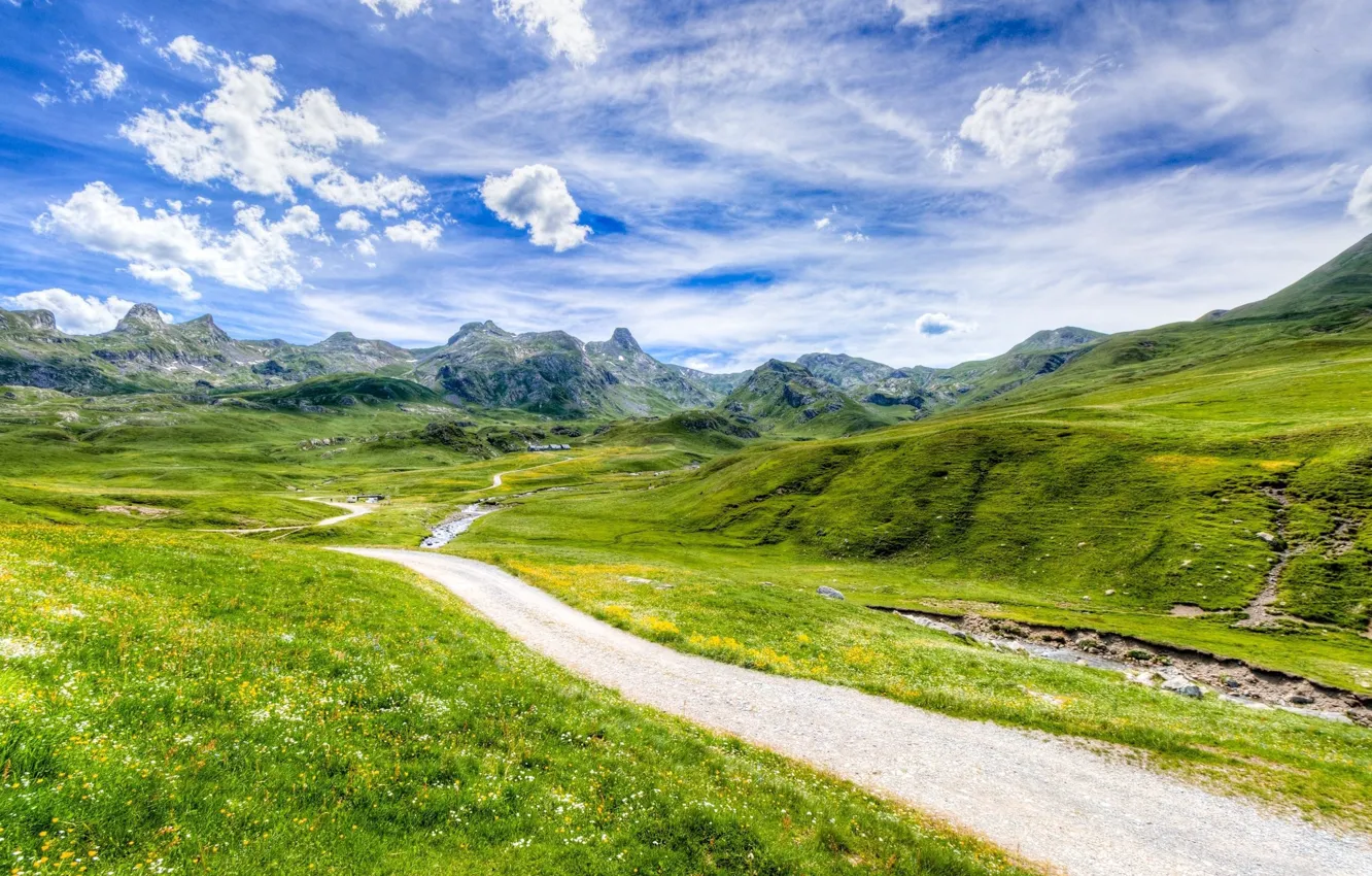 Wallpaper the sky, landscape, nature, spring, plain, path for mobile ...