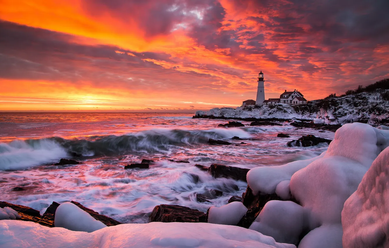 Wallpaper winter, sea, sunset, lighthouse for mobile and desktop, section пейзажи, resolution ...