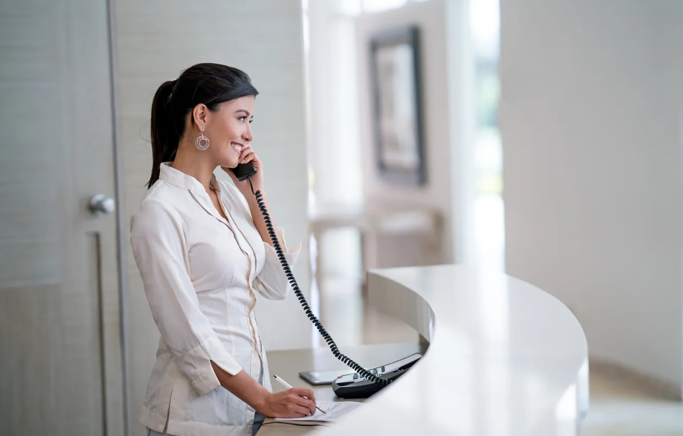 Wallpaper girl, woman, work, reception desk for mobile and desktop ...
