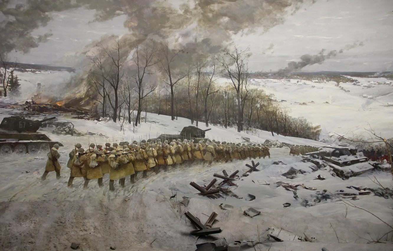 Wallpaper winter, snow, war, picture, soldiers, tank, Moscow, the plane ...