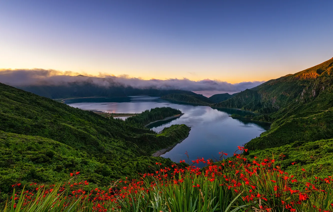 Wallpaper clouds, landscape, mountains, nature, lake, forest, Azores ...