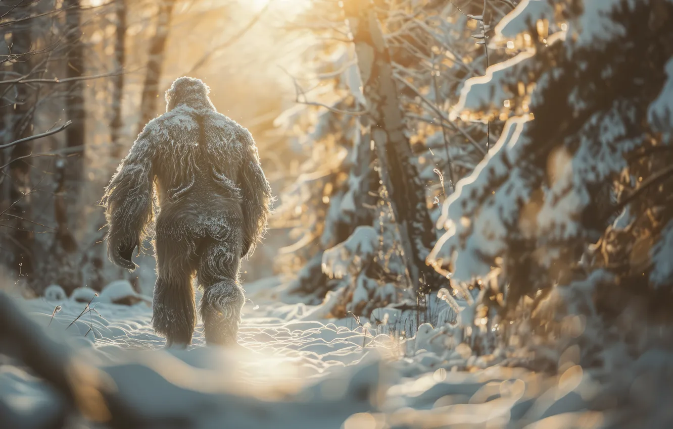 Wallpaper winter, forest, snow, trees, being, back, Yeti, Bigfoot for ...
