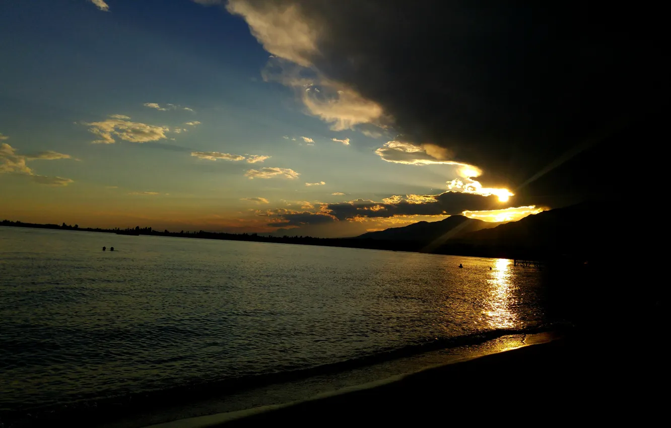 Wallpaper sand, water, sunset, mountains, clouds, lake for mobile and ...