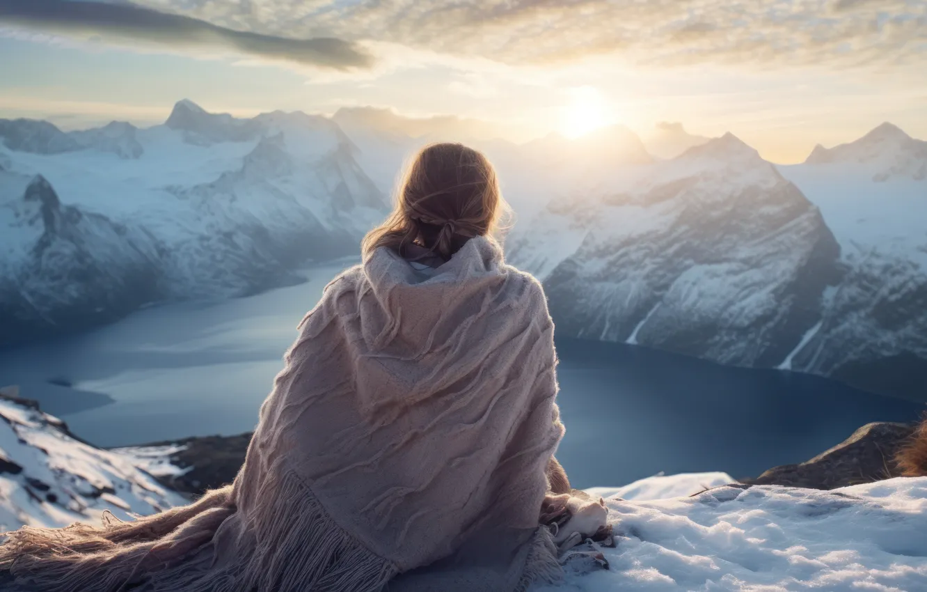 Wallpaper cold, winter, girl, snow, mountains, nature, back, view for ...