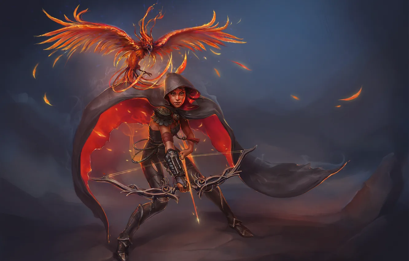 Wallpaper girl, fire, bird, bow, arrows, Phoenix, art for mobile and ...