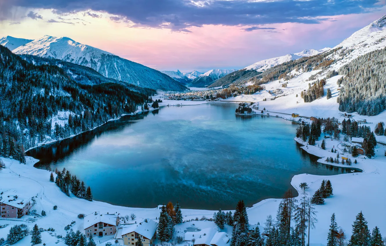 Wallpaper winter, snow, trees, mountains, lake, house, Switzerland ...