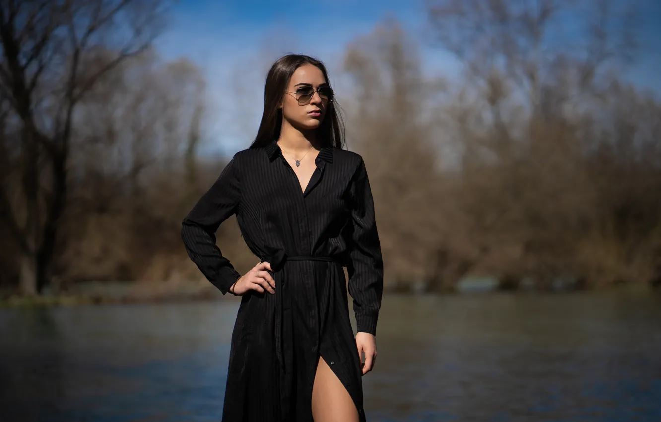 Wallpaper the sun, trees, pose, river, model, portrait, makeup, figure ...