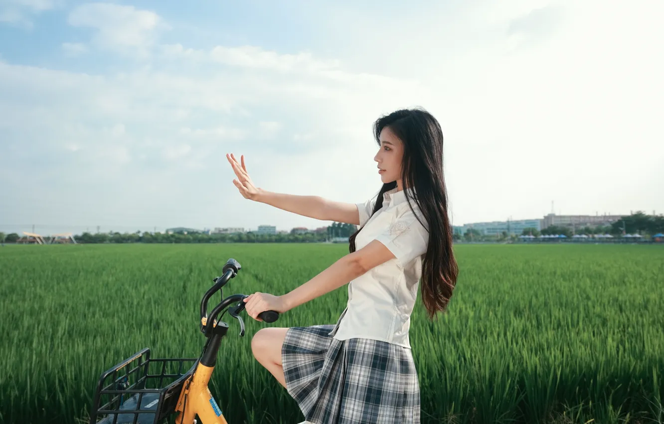 Wallpaper bicycle, woman, beautiful, cycle, model, pretty, asian, farm ...