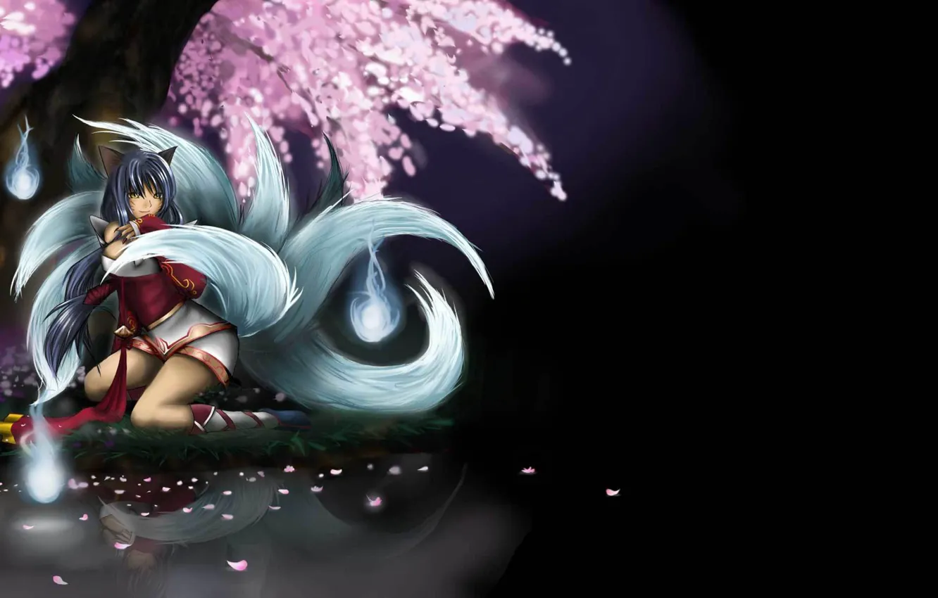 Wallpaper girl, lake, tree, Sakura, art, league of legends, tails, ahri ...