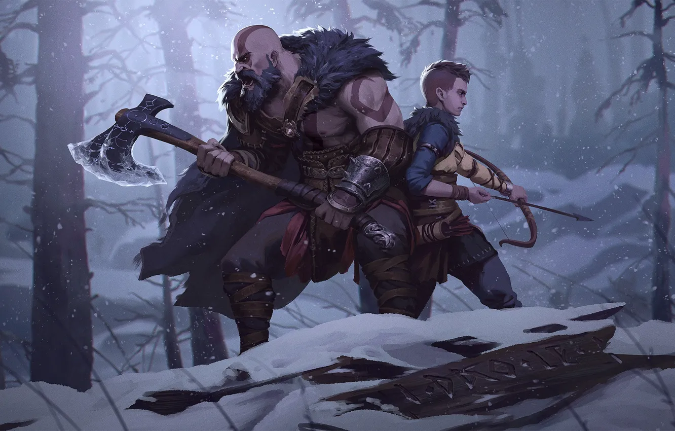 Wallpaper winter, forest, axe, plate, thicket, warrior, axe, forest ...