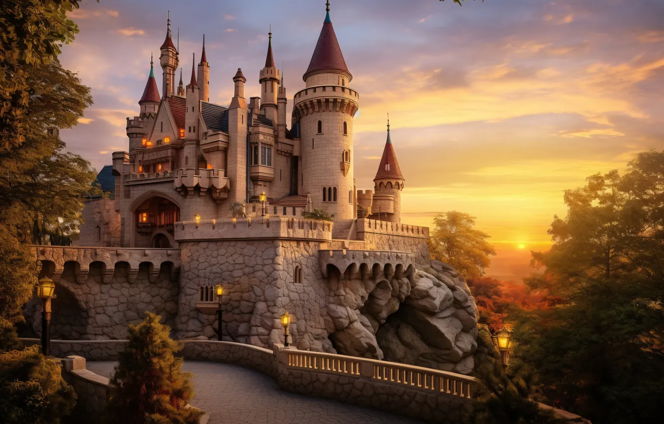 Wallpaper autumn, sunset, castle, landscape, autumn, castle, ancient ...