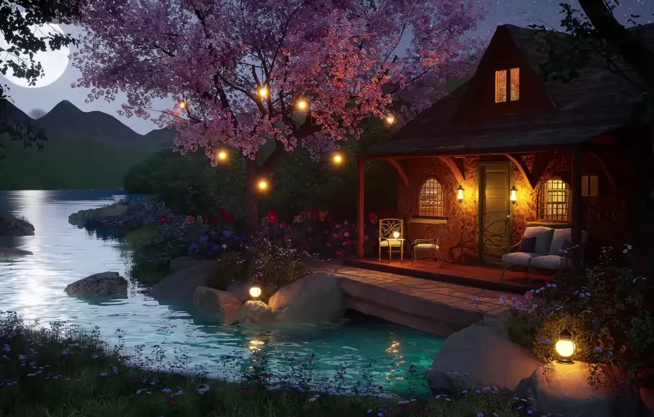 Wallpaper lights, moon, house, river, trees, night for mobile and ...