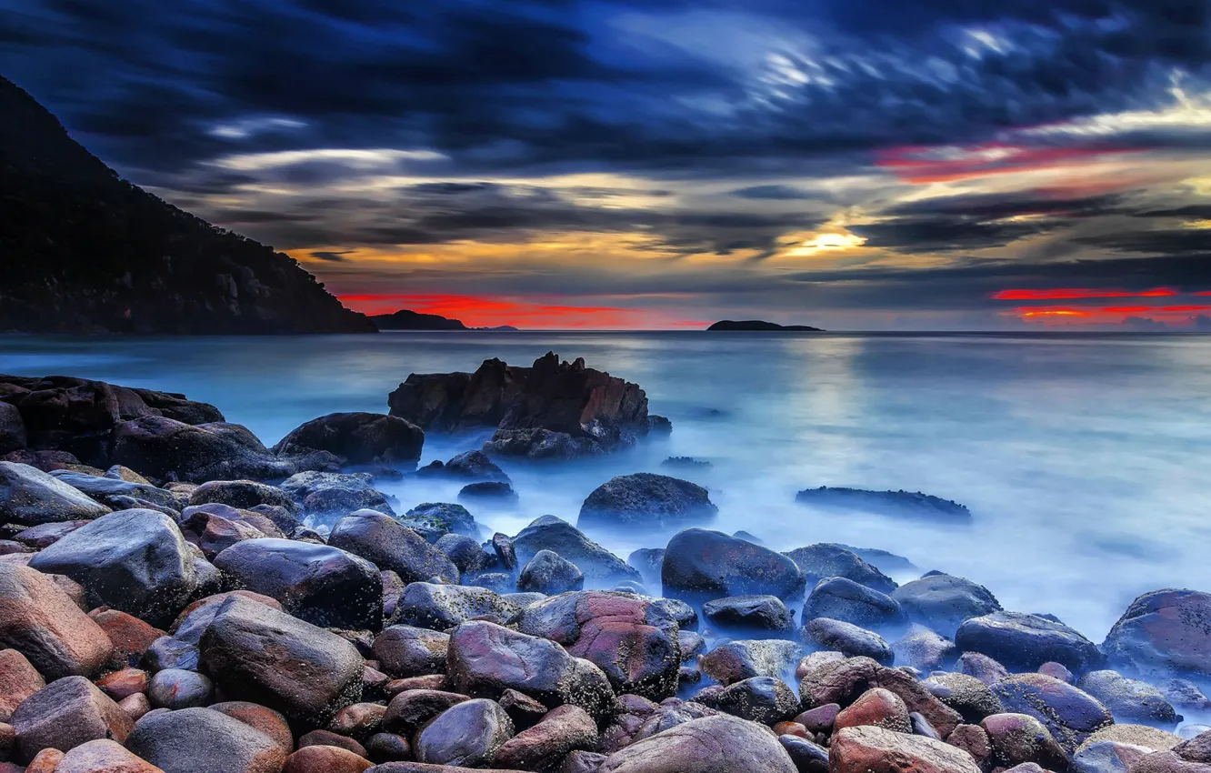 Wallpaper sea, the sky, sunset, rock, stones, shore for mobile and ...
