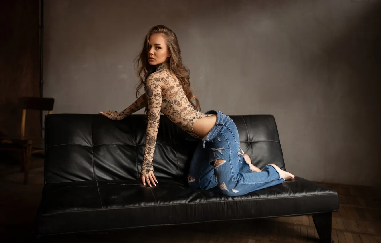 Wallpaper girl, pose, sofa, jeans, figure, long hair, body, Roman Ivanov for mobile and desktop ...