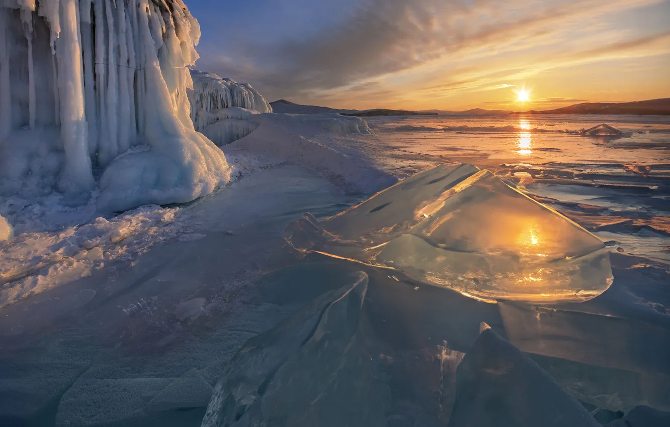 Wallpaper winter, sunset, lake, ice, Russia, Lake Baikal, Vladimir ...