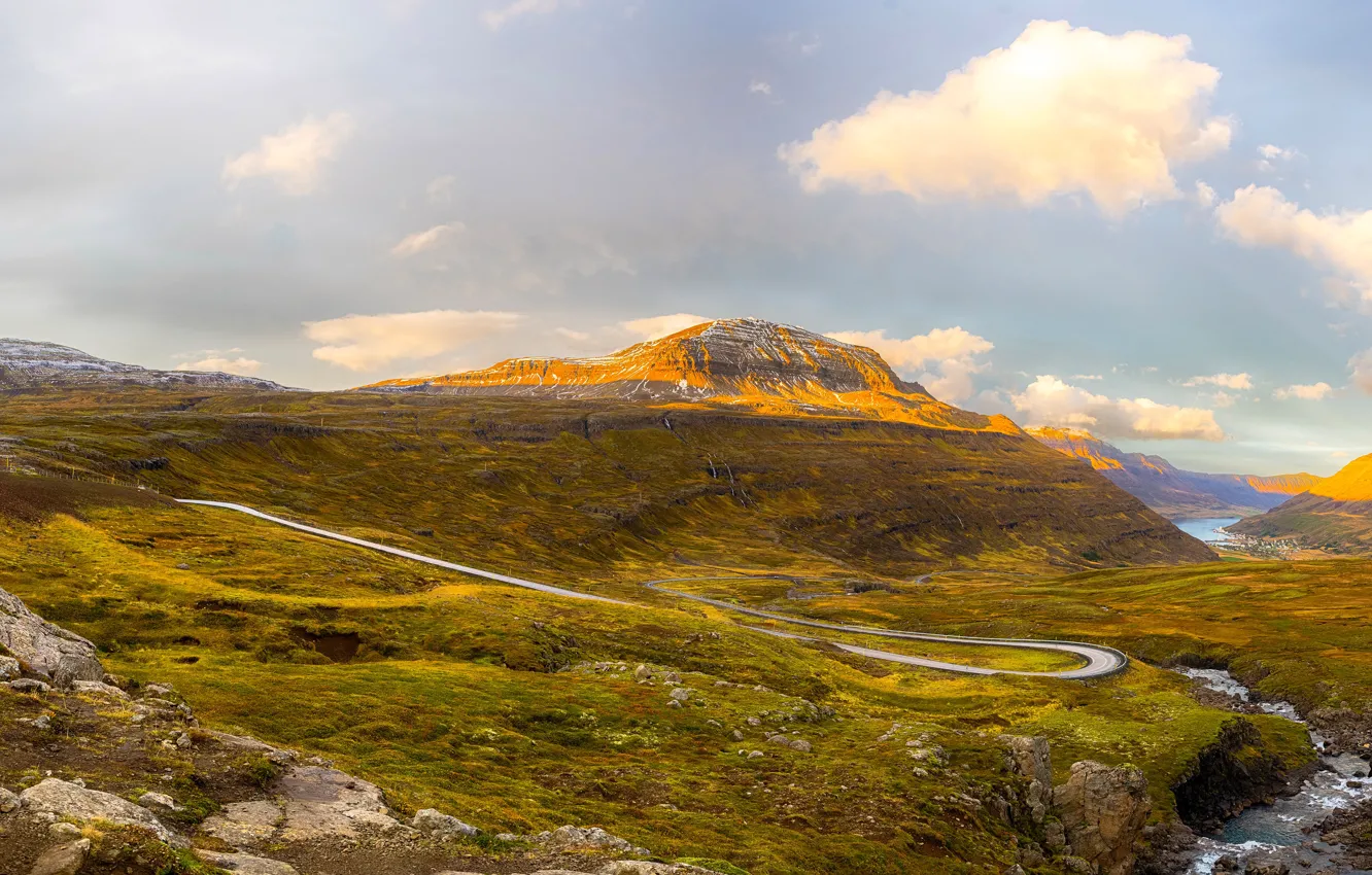 Wallpaper road, the sky, the sun, clouds, mountains, river, stream ...
