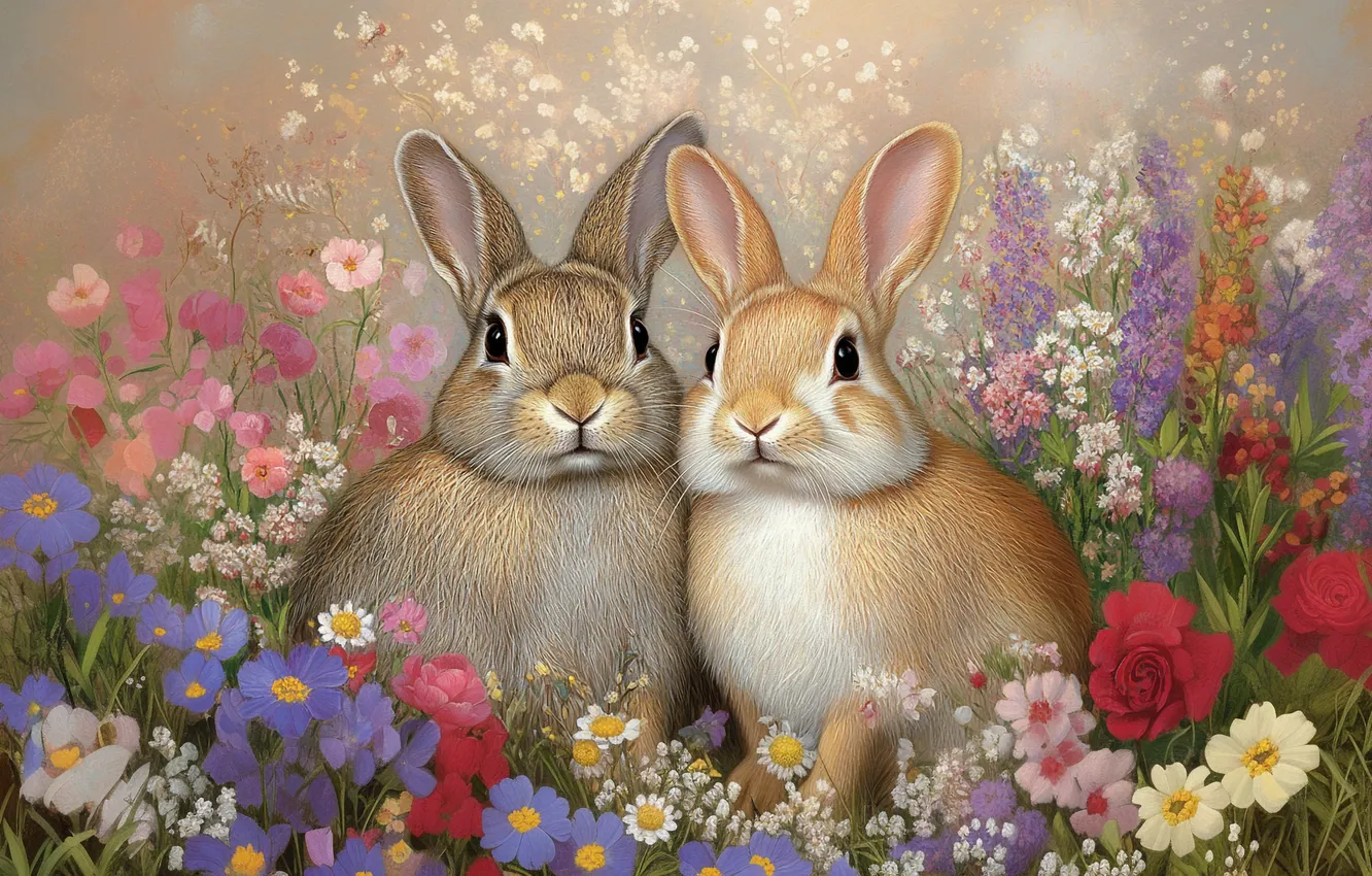 Wallpaper look, flowers, rabbit, rabbits, rabbits, a couple, Bunny ...