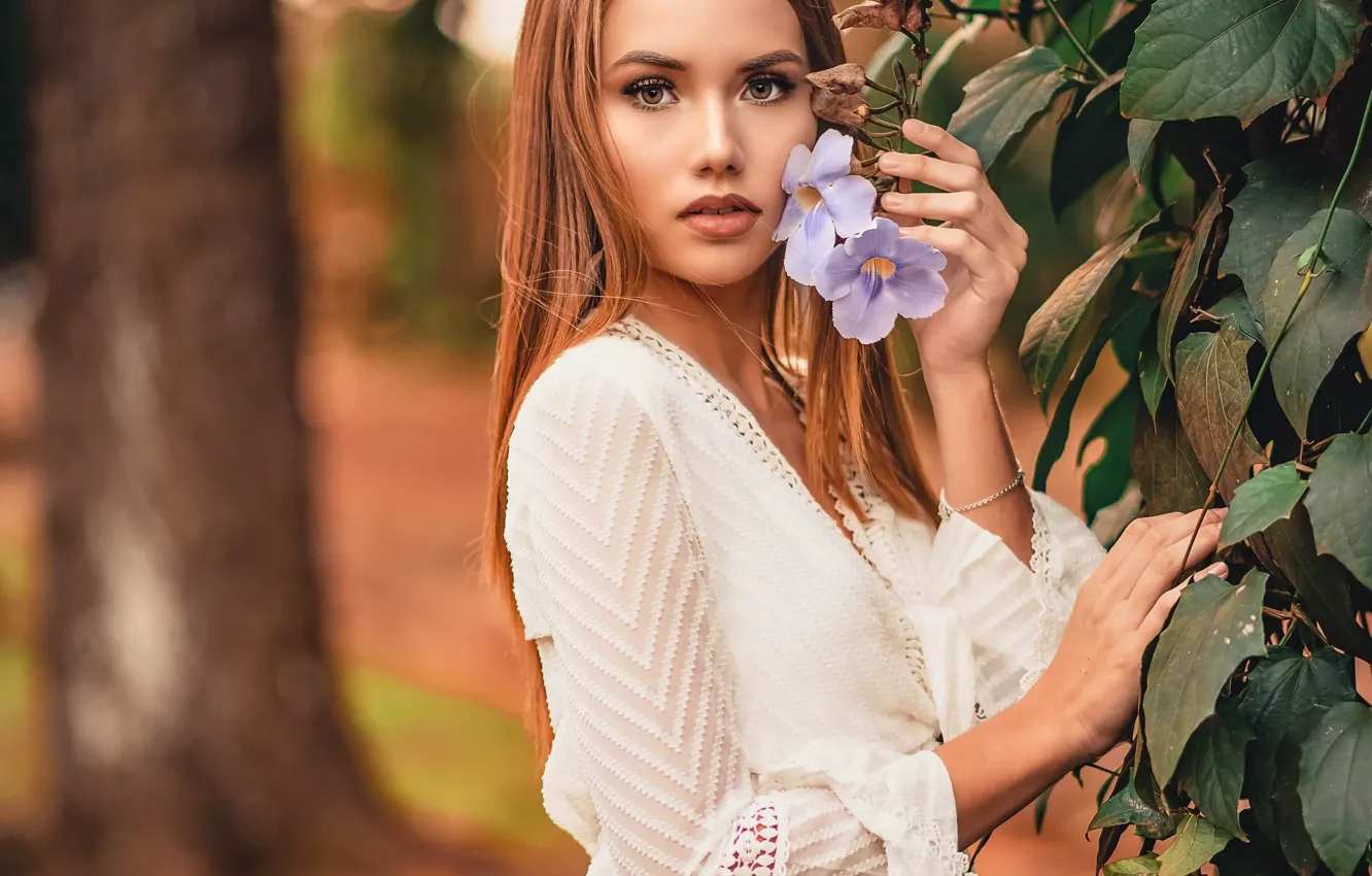 Wallpaper Look Leaves Girl Flowers Nature Dress Red For Mobile