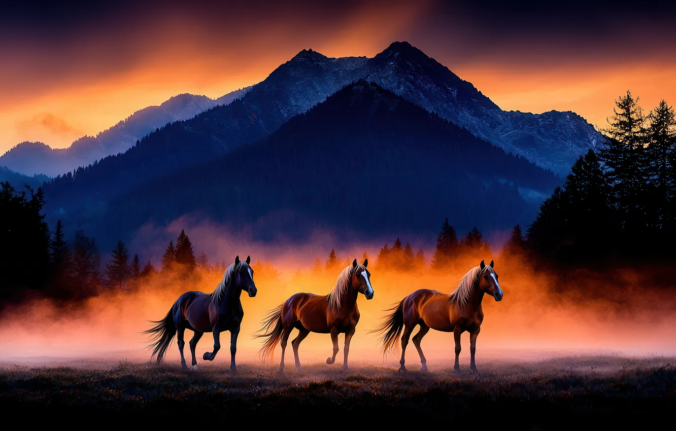 Wallpaper landscape, sunset, nature, fog, horses, horse, haze, trio for ...