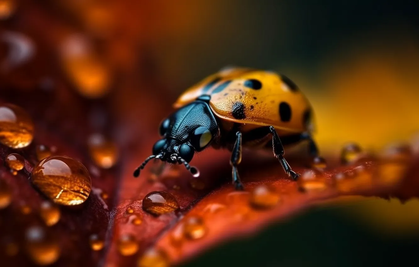 Wallpaper autumn, drops, macro, yellow, nature, Rosa, leaf, ladybug for ...