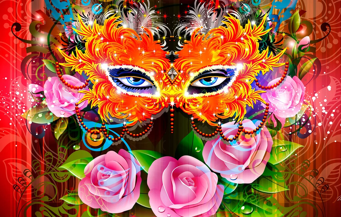 Wallpaper eyes, flowers, abstraction, collage, mask, masquerade images ...