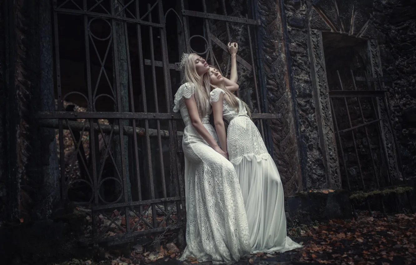 Wallpaper autumn, wall, gate, dress, two girls for mobile and desktop ...