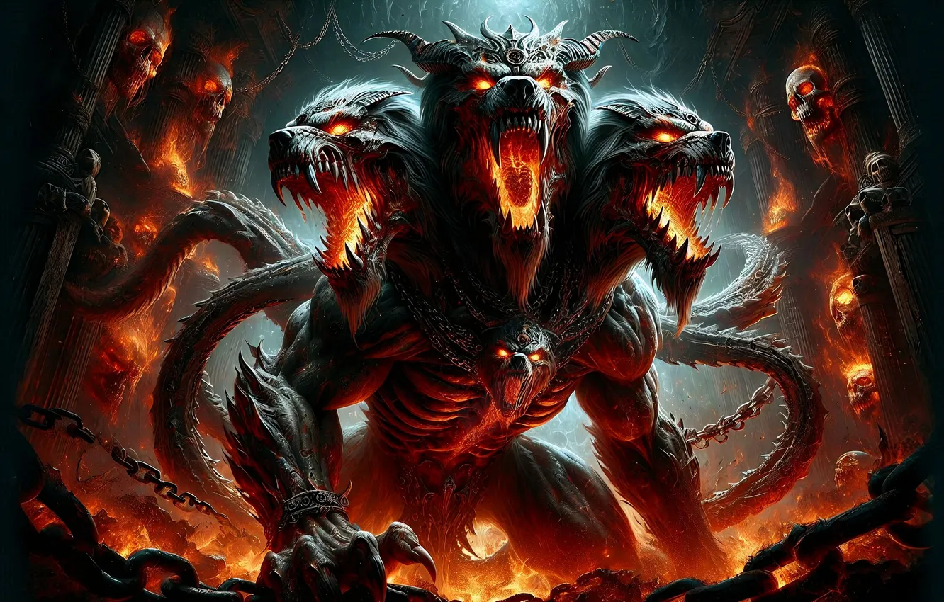 Wallpaper fire, flame, the demon, beast, chain, Cerberus, the Hellhound ...