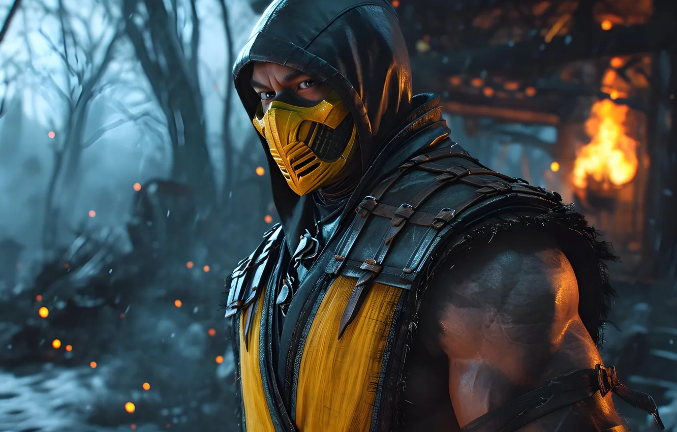 Wallpaper fire, fighter, man, mortal kombat, ninja, shinobi, hood ...