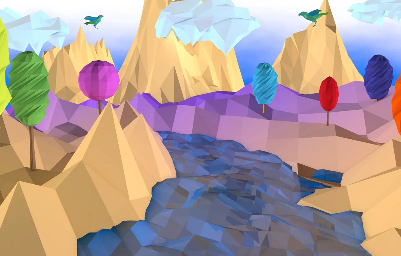 Wallpaper trees, landscape, mountains, birds, river, low poly for ...