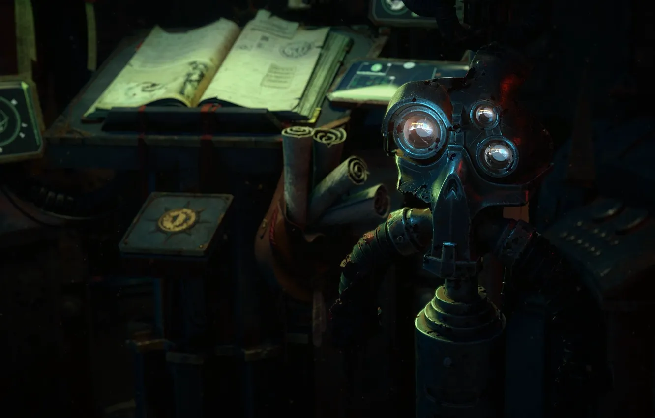 Wallpaper skull, book, scrolls, Warhammer 40 000, Mechanic, cogitator ...