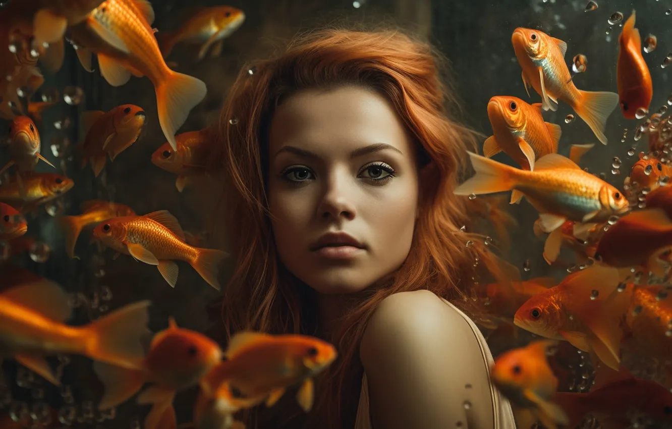 Wallpaper look, water, girl, fish, bubbles, face, rendering, fantasy ...