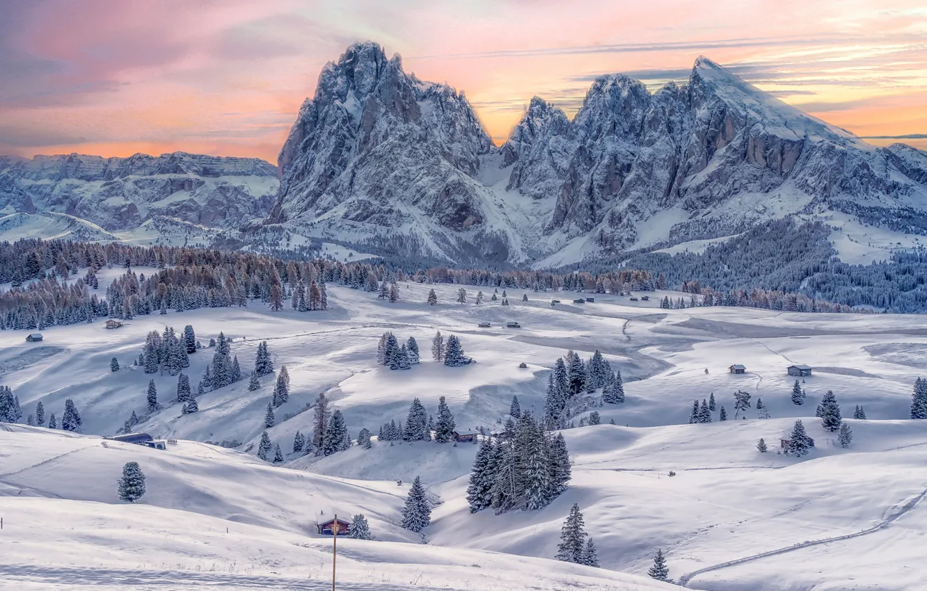 Wallpaper winter, snow, trees, sunset, mountains, Italy, Trentino-Alto ...