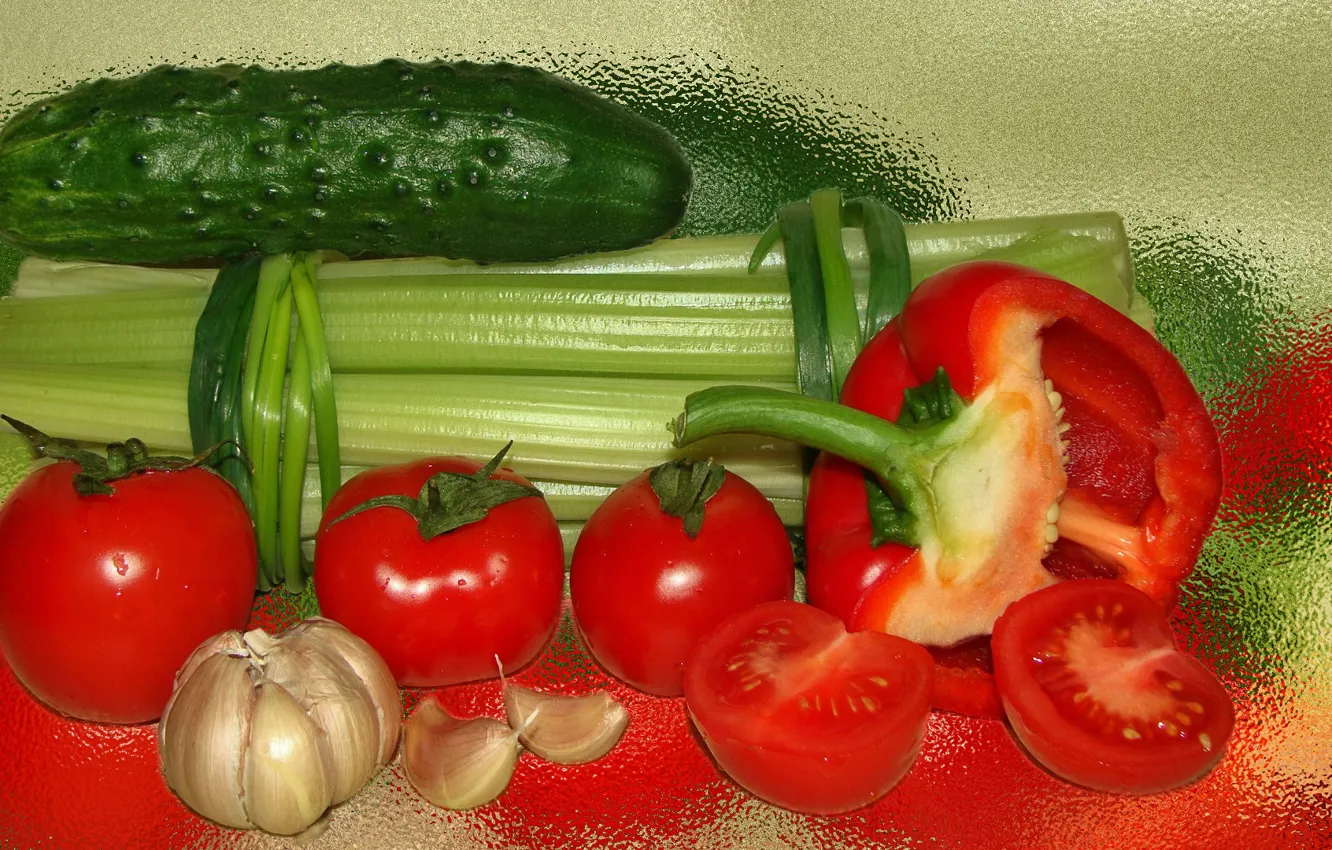 Wallpaper Wallpaper, cucumber, bow, vegetables, tomatoes, garlic ...